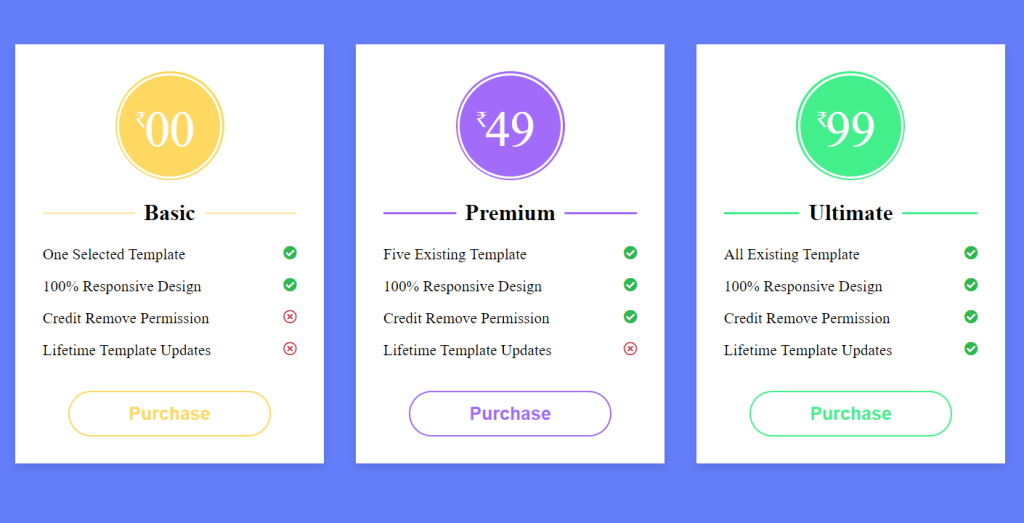 Create Responsive Pricing card Table With Price Tag Html CSS