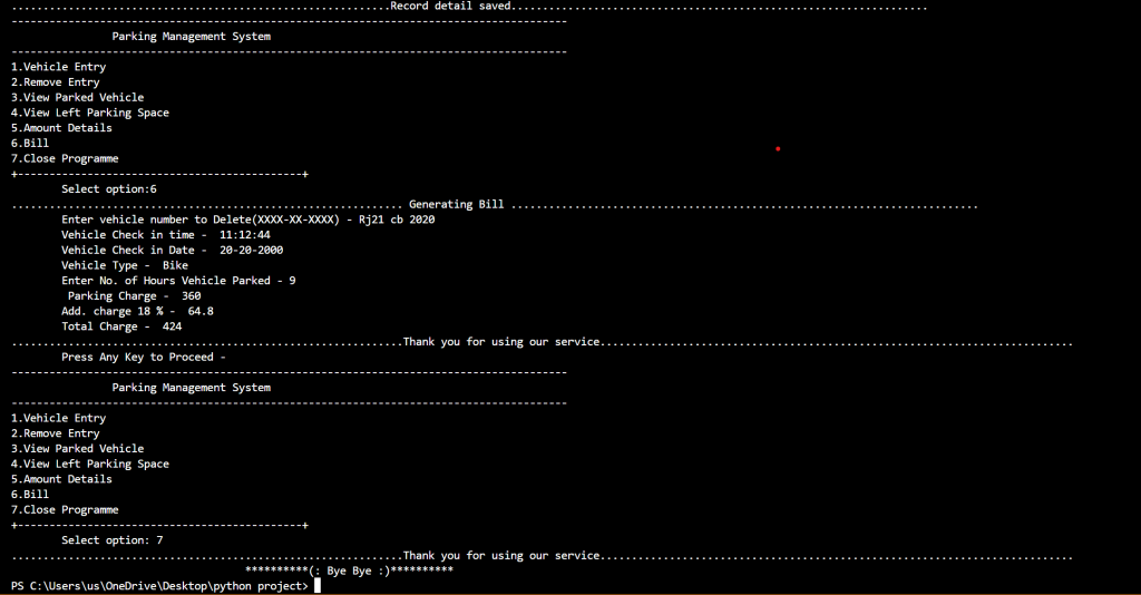 Parking Management System Project Using Python